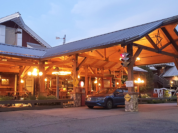 The iconic red exterior of Angus Barn welcomes hungry pilgrims like a carnivore's North Star guiding them home to beef paradise.