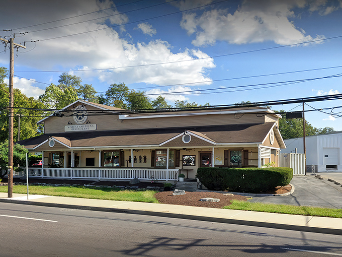 The Western frontier meets Pennsylvania charm at Dodge City's inviting exterior. That wide front porch practically whispers, "Come on in, partner, your steak awaits." 