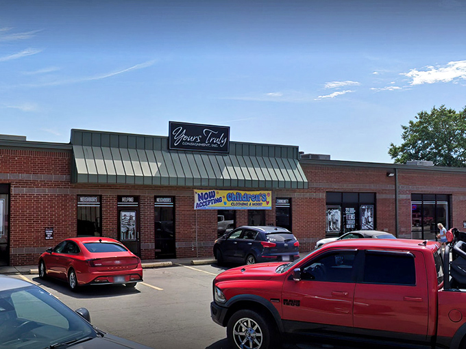 The unassuming brick exterior of Yours Truly Consignment belies the wonderland of treasures waiting inside. Like a speakeasy for bargain hunters!