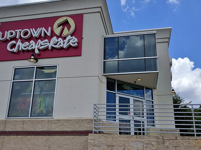 The modern, eye-catching exterior of Uptown Cheapskate stands out like a fashion beacon in Raleigh, promising treasure hunters a stylish adventure within.