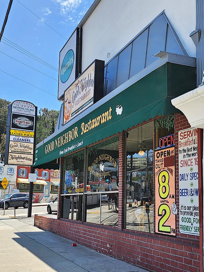 The green awning of Good Neighbor Restaurant beckons like an old friend on Ventura Boulevard, promising home-style comfort without the pretension.