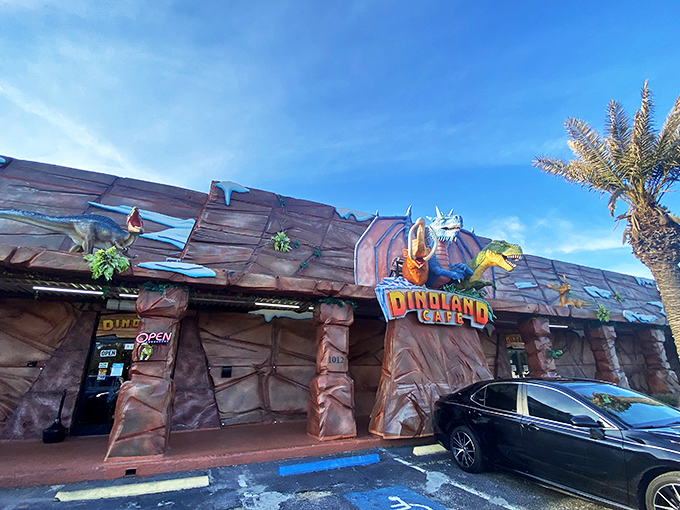 The exterior of DinoLand Cafe looks like Fred Flintstone's architect got a degree and went upscale. Those faux rock walls practically scream "prehistoric fine dining!"