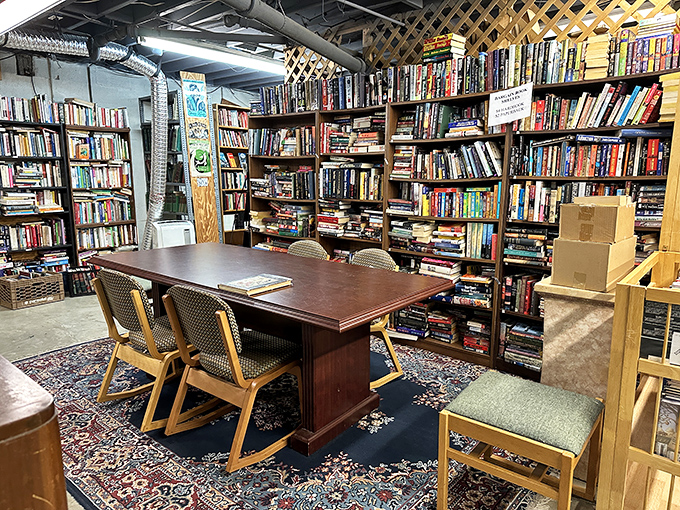 A table surrounded by chairs creates the perfect book club setting. Imagine the literary debates that have unfolded here.