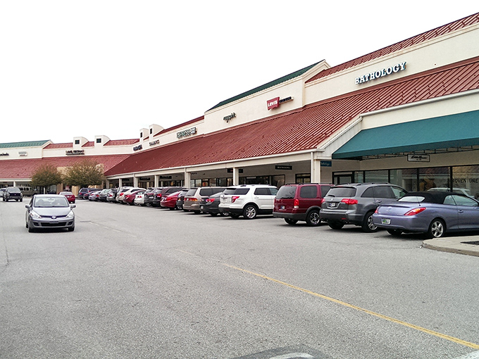 The storefronts stretch into the distance like a retail horizon. Each sign a beacon for specific shopping tribes.