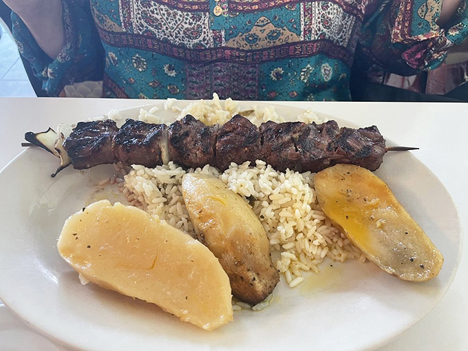 Meat skewers that have clearly been introduced to fire with proper respect and attention. The rice isn't an afterthought—it's an essential supporting actor.