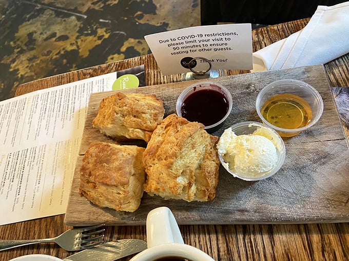 Biscuits that could make your grandmother jealous, served with the kind of spreads that demand you clear your calendar for a proper enjoyment session.