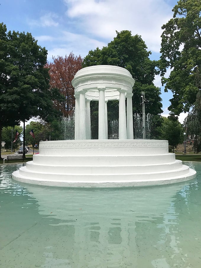 The Brooks Memorial Fountain glows like a birthday cake for the town every night, minus the calories and fire hazard.