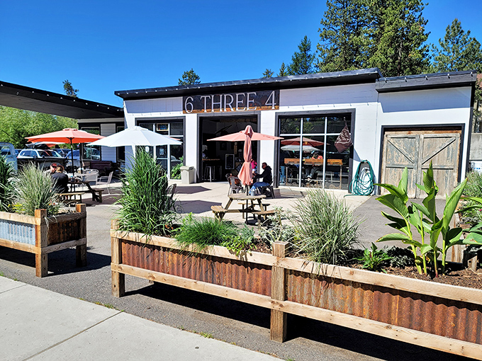 Rustic-modern fusion at 6 Three 4, where outdoor seating nestled among planters invites you to savor both your meal and McCall's impossibly blue skies.