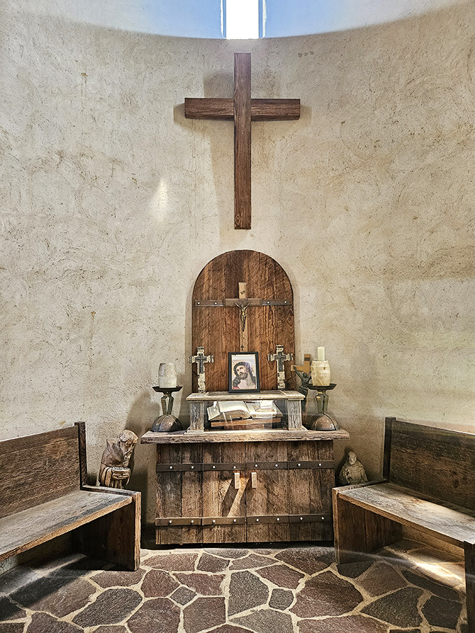 A serene chapel space where even the most battle-hardened knight might find a moment of peace. Simple, reverent, and beautifully crafted.