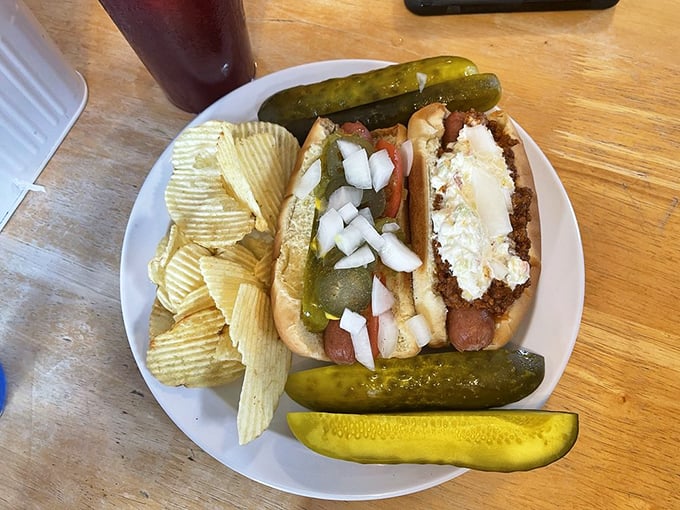 This hot dog, loaded with toppings and nestled alongside chips and pickles, isn't just lunch &ndash; it's an edible work of American art.