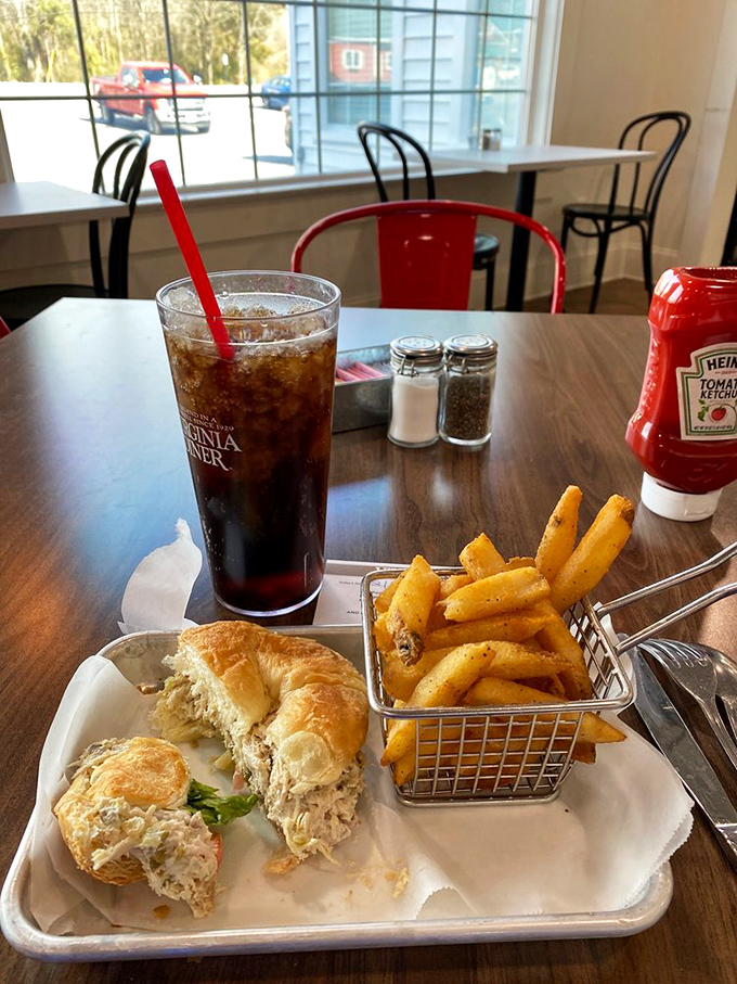 The chicken salad sandwich that makes you question why you ever eat anything else. Those golden fries in their little basket are just showing off.