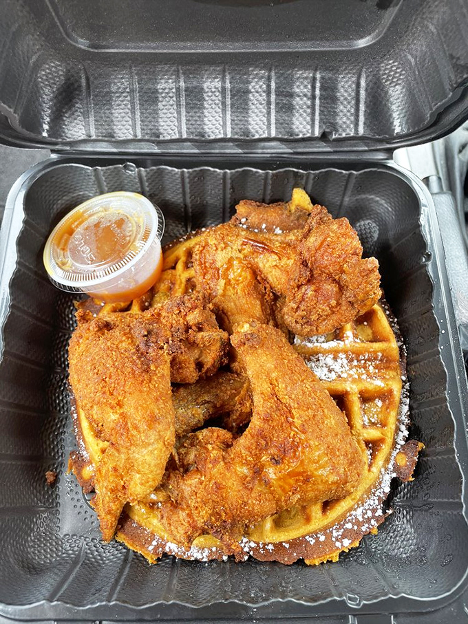 Chicken and waffles: the ultimate Southern power couple. Like Sonny and Cher, but crispier and with better maple syrup.