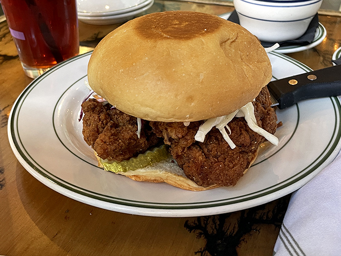 A chicken sandwich that's dressed for success&mdash;crispy, juicy, and substantial enough to require both hands and several napkins.