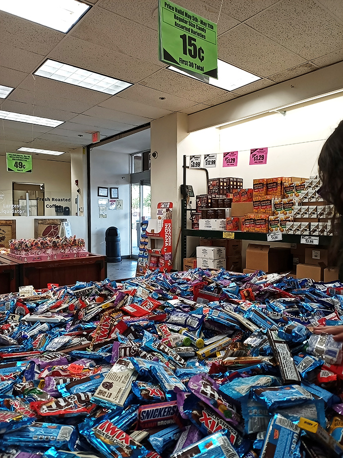 A mountain of discounted candy creates a sweet tooth's paradise. Chocolate treasures at prices that won't give your wallet cavities.