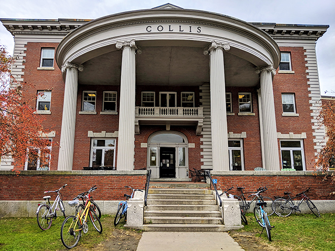 The Collis Center's grand columns suggest important things happen inside. Half student hub, half architectural flex, all Dartmouth.