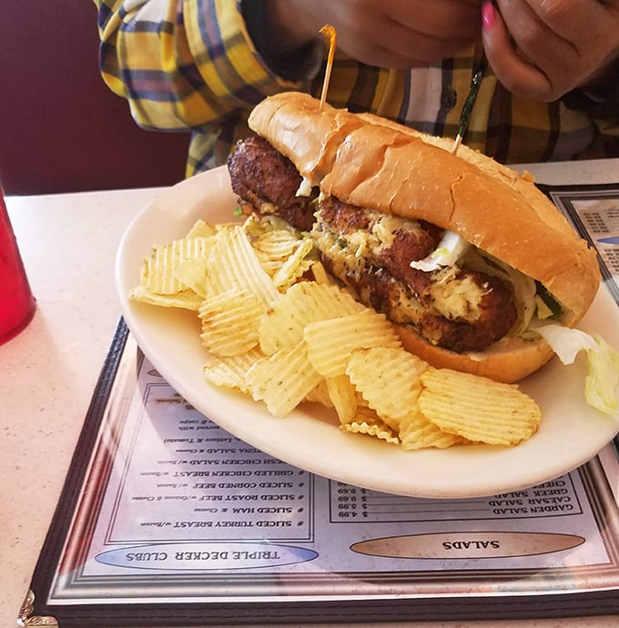 A crab cake sandwich that honors Maryland's seafood legacy, accompanied by chips that provide the perfect textural counterpoint to each savory bite.