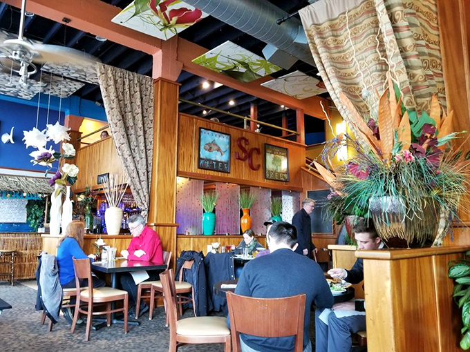 Your colorful surroundings and cozy wooden accents create the perfect atmosphere for you to enjoy a relaxing meal with friends.