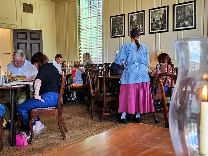 Modern families enjoying centuries-old recipes, proving that good food transcends time periods, even if the Wi-Fi signal doesn't reach the 1700s.