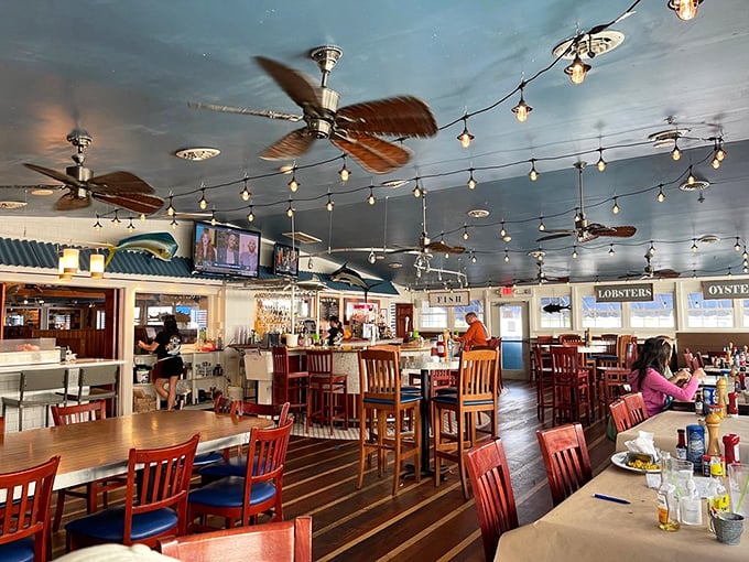 String lights and ceiling fans create that perfect "coastal casual" vibe &ndash; relaxed enough for flip-flops but worthy of your favorite seafood splurge.