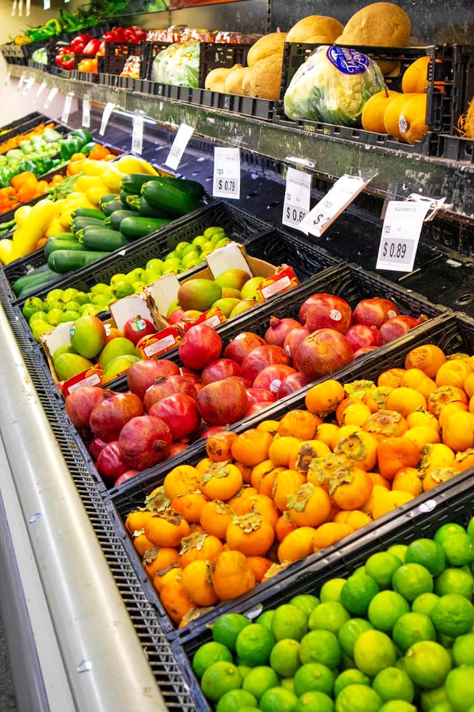 Fresh produce that proves bargain hunting doesn't mean sacrificing nutrition. Those apples and persimmons look ready for their Instagram moment.