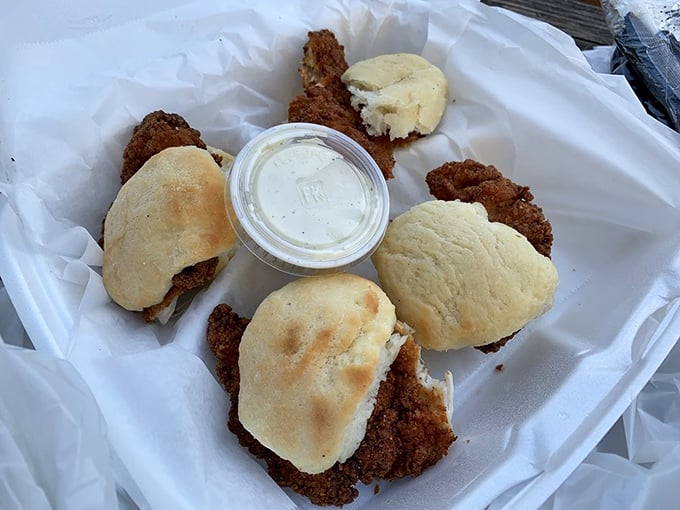 Fried chicken biscuits that render conversation impossible&mdash;the universal language of "mmm" is all you need here.