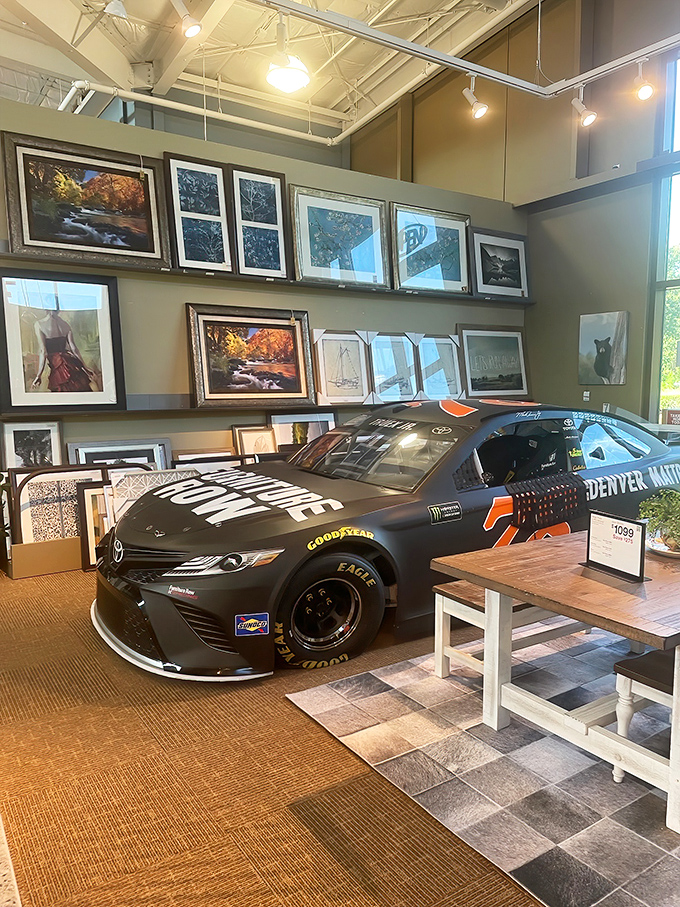 Nothing says "Daytona Beach" quite like shopping for an end table while a NASCAR vehicle silently judges your decor choices.