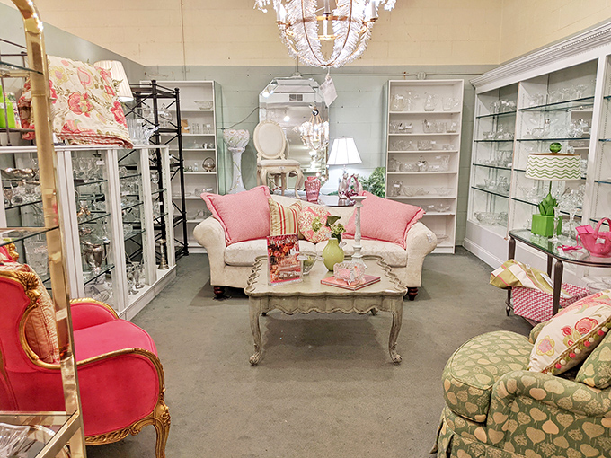 A pink and white sanctuary that feels like stepping into a vintage tea party. Crystal displays sparkle under perfect lighting, tempting even minimalists to start collecting.