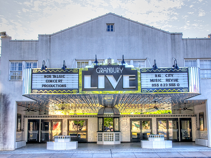 The Granbury Live theater marquee promises entertainment that doesn't require a second mortgage or parking garage navigation skills.