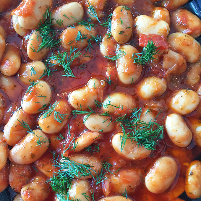 These gigantes beans swimming in tomato sauce and fresh dill are the unsung heroes of Greek cuisine. Big beans, bigger flavor.