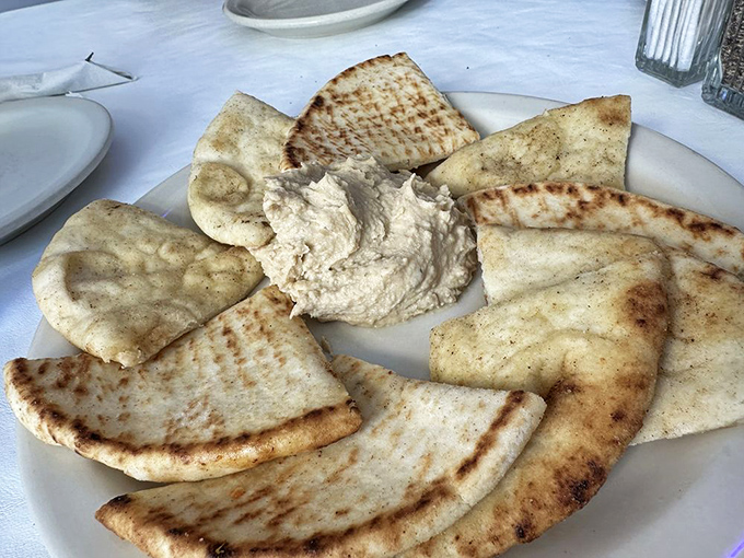 Hummus so smooth it could teach diplomacy lessons. Surrounded by warm pita triangles, it's begging for a satisfying swipe.