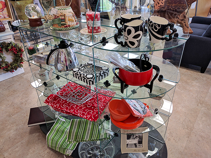 Glass display cases showcase treasures that whisper, "Take me home and make your friends wonder where you've been shopping."