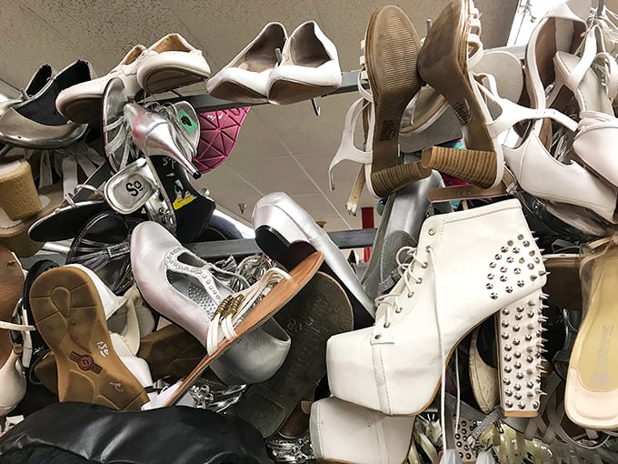 The shoe section: a jumbled archaeological dig where white platform boots with studs might be your next conversation-starting fashion find.