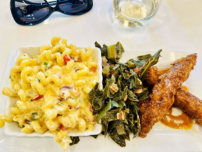 Southern comfort meets Colorado cool &ndash; mac and cheese that's not just a side dish, but the main event alongside collard greens.