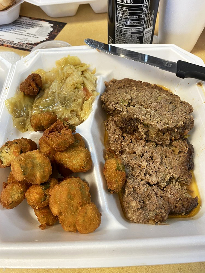 Homestyle meatloaf, crispy okra, and tender cabbage. This plate doesn't just feed your body&mdash;it nourishes your soul with every savory bite.