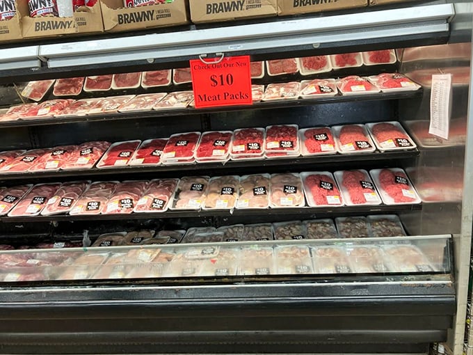 Meat packages neatly arranged with a straightforward "$10" sign&mdash;no marketing gimmicks, just honest value that would make any grillmaster smile.