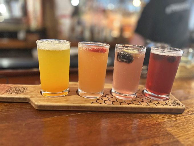 A flight of mimosas that proves breakfast cocktails deserve the same respect as their evening cousins. Morning happy hour has never looked so vibrant!
