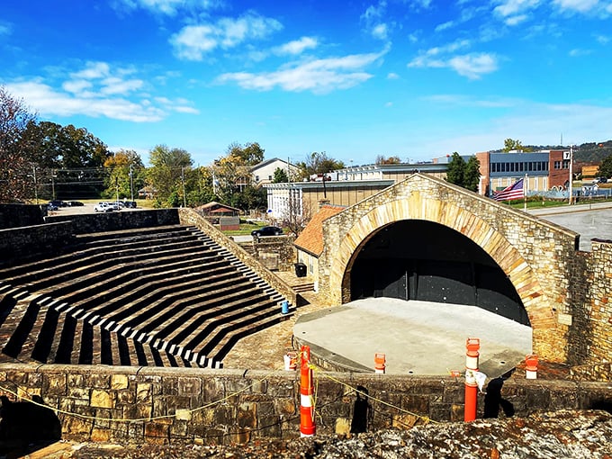 The Mort Glosser Amphitheater's stone arches have witnessed decades of performances, making it an antique venue for modern entertainment.