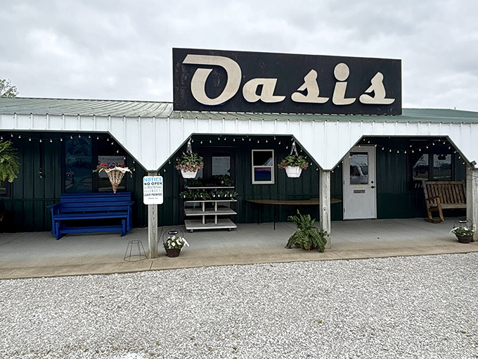 The Oasis sign promises exactly what weary antiquers need – a refreshing stop with a blue bench that practically begs you to rest awhile.