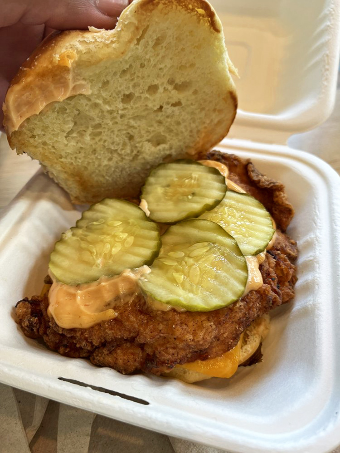 The pickle-to-chicken ratio here is mathematical perfection. A sandwich that understands the importance of balance in life.