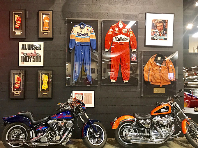 Racing memorabilia that tells stories of adrenaline, courage, and the occasional crash. Those suits have seen more action than most Hollywood stuntmen.