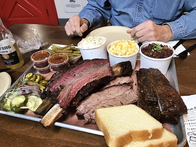 When your tray arrives looking like this, you know you've made excellent life choices. The pickled onions and cucumbers aren't garnish&mdash;they're necessary acid relief.