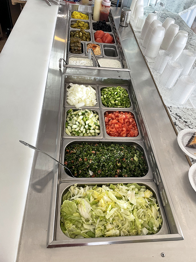 Fresh ingredients lined up like soldiers ready for delicious duty—this prep station reveals the secret behind every great Mediterranean meal.