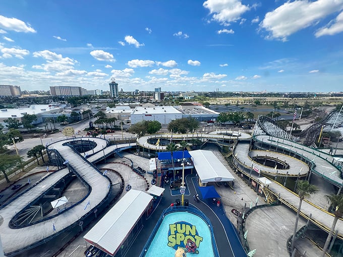The aerial view of go-kart tracks reveals a multi-level racing experience that puts your childhood Hot Wheels fantasies to magnificent, full-sized reality.
