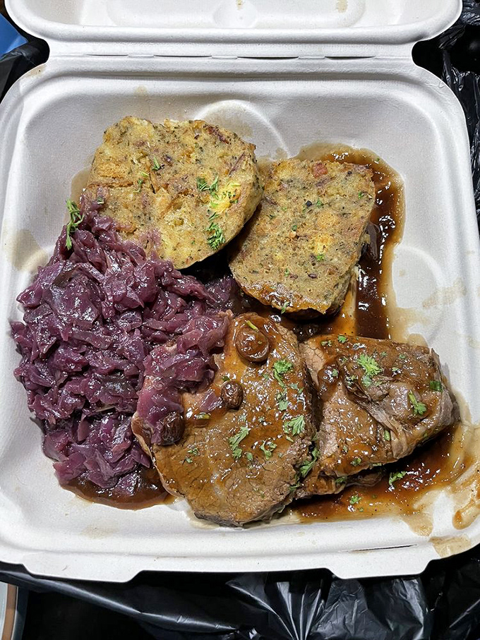 Sauerbraten with red cabbage that could make your German grandmother weep with joy. The gravy alone deserves its own fan club.