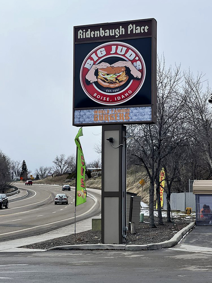 Like a lighthouse for hungry travelers, this sign has guided countless pilgrims to their burger destiny since 1991.