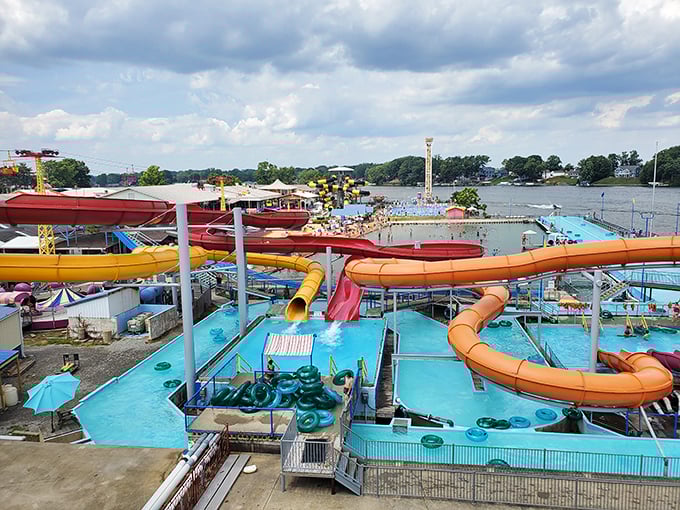 The waterpark's colorful slides twist like a tangle of giant crazy straws. From this height, you can practically hear the squeals echoing across Lake Shafer.