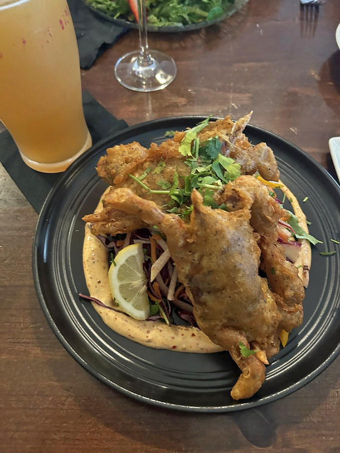 Soft shell crabs that make you wonder why we bother with hard shells. Perched atop slaw like delicious sea spiders ready for their close-up.