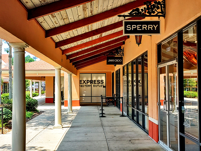 The covered walkways between stores offer welcome shade and architectural charm. Your feet will thank you later.