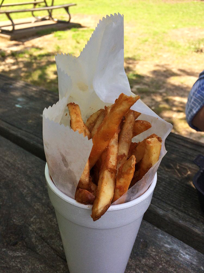 Fries in their natural habitat&mdash;golden, crispy, and served with zero pretension in a paper-lined styrofoam cup on a weathered picnic table.