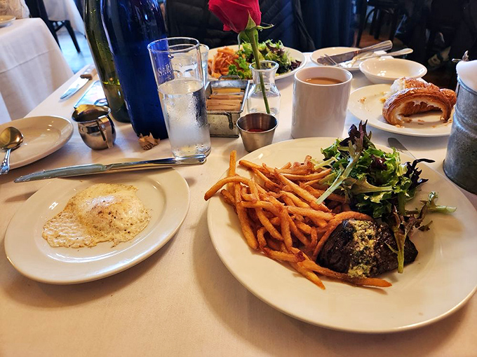 The quintessential steak frites pairing—where perfectly crisped potatoes and a succulent steak remind you why classics never go out of style.